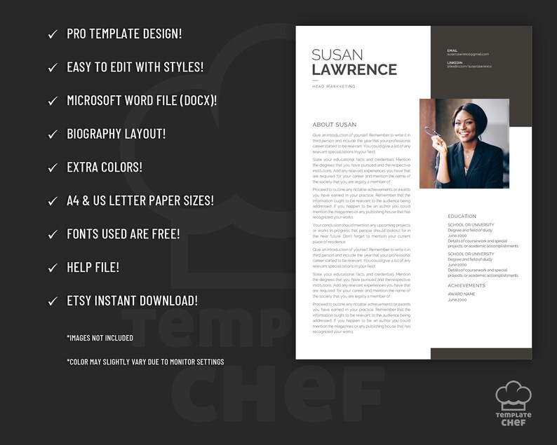 Modelo de biografia pessoal moderna para Word. Inclui 3 designs ...