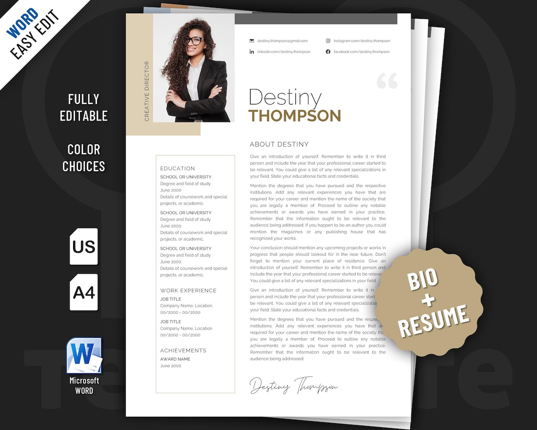 Executive Biography Template Design for Word. Included Are 2 Editable ...
