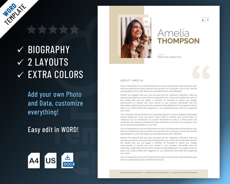 Modern Executive and Professional Biography Resume Template - Etsy