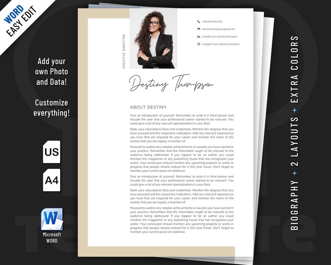 Original Biography Template Design for Word. Included Are 2 ...