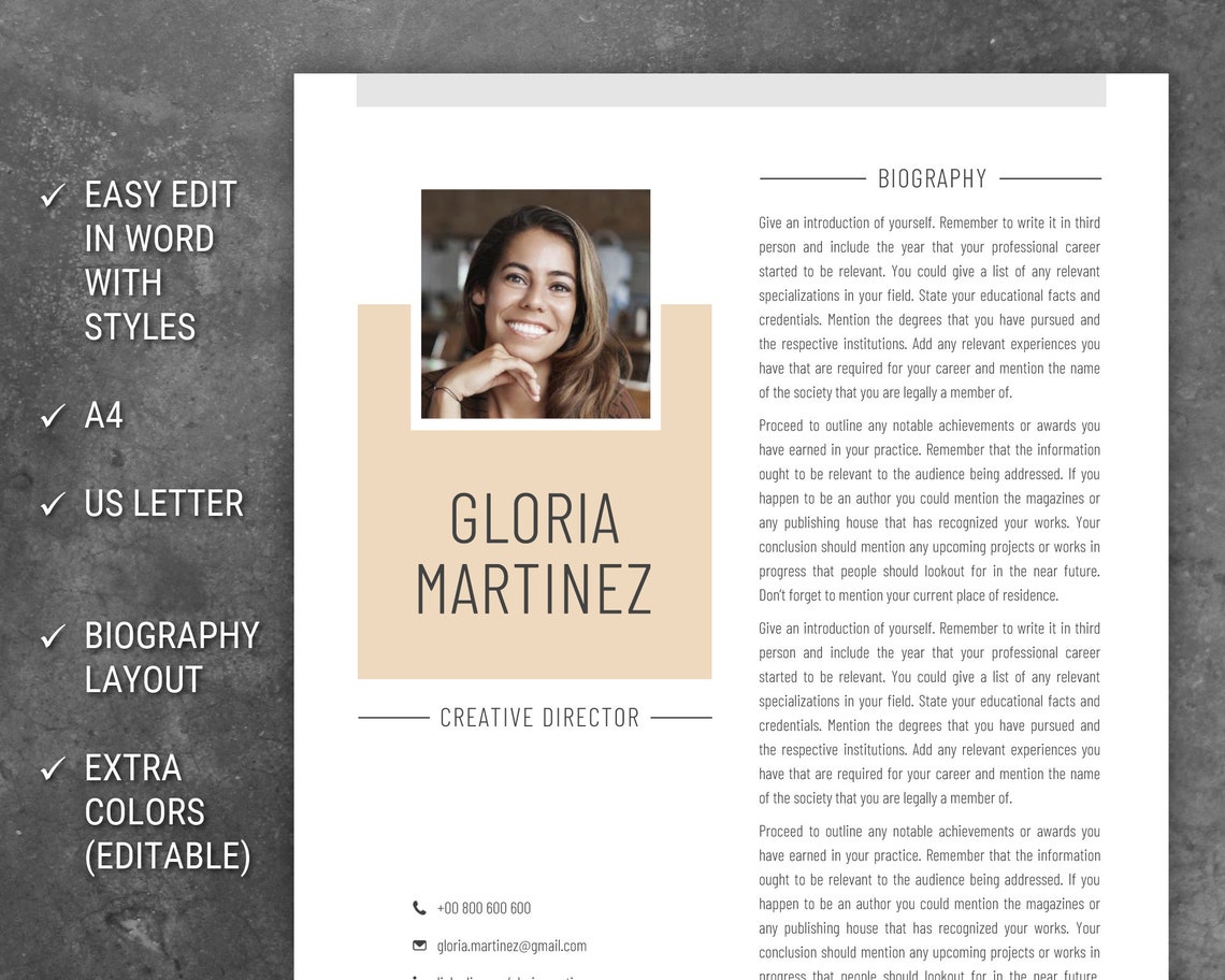 Clean Modern and Professional Biography Resume Template - Etsy