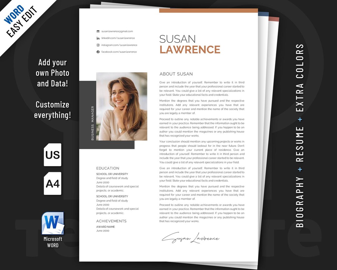 Polished Resume Template Design for Word. Included Are Biography and ...