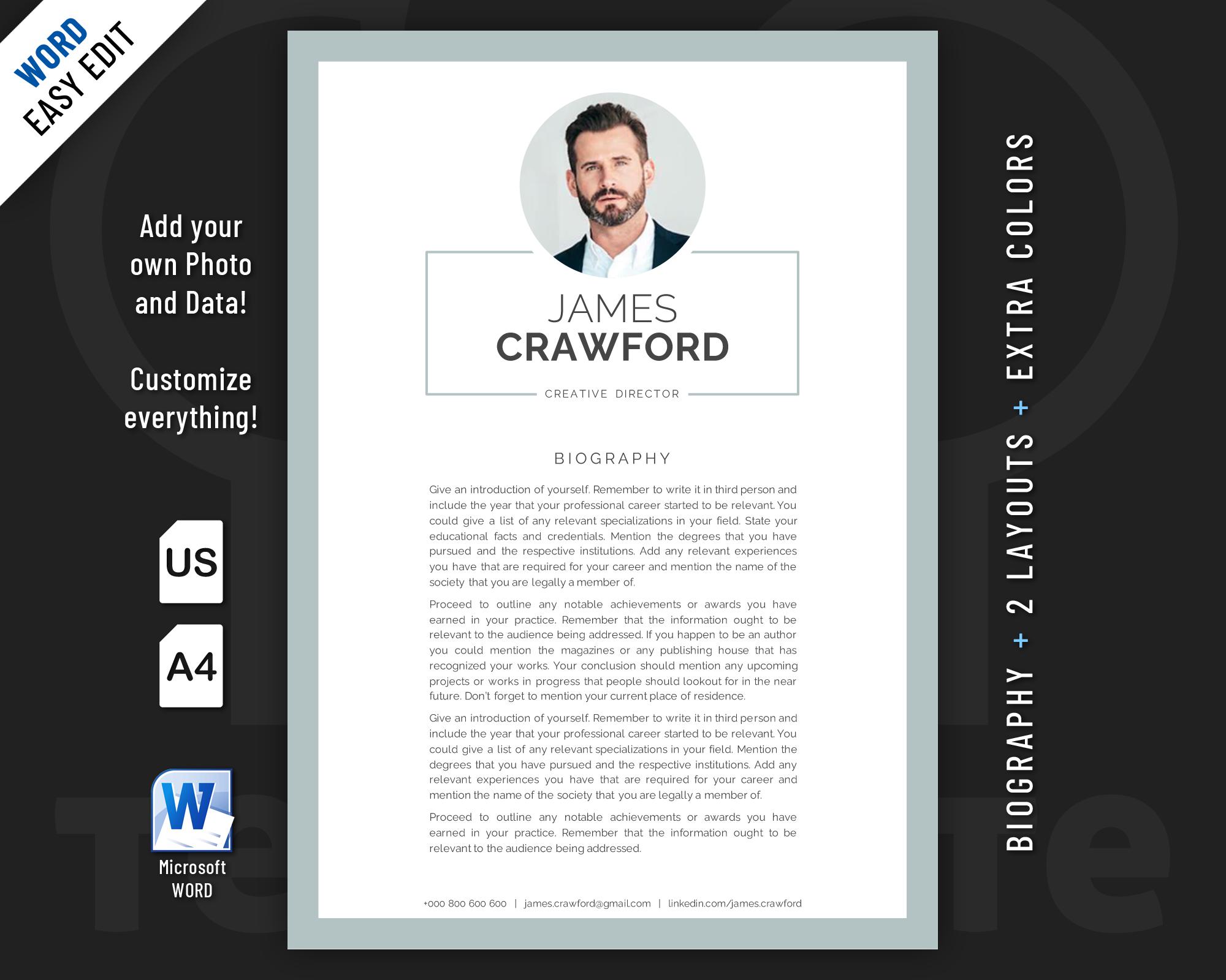 Clean, Modern and Professional Biography Resume Template Design for ...