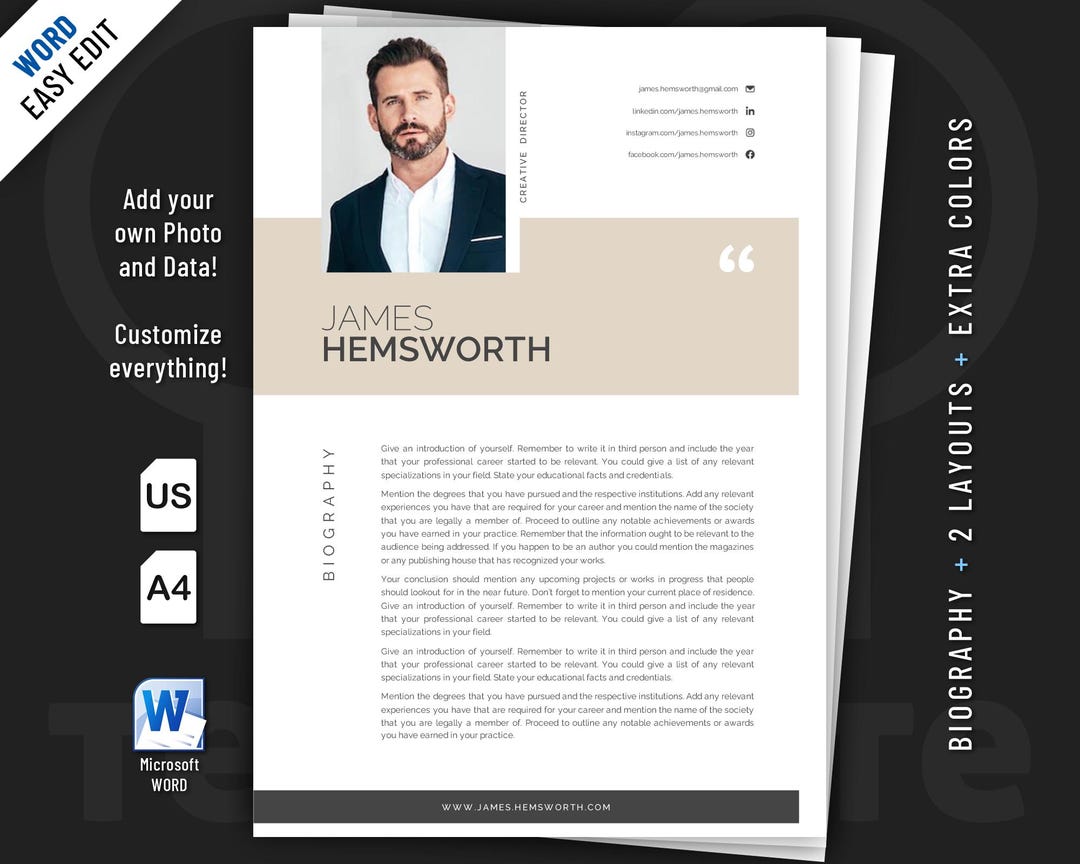 Biography Template Design for Word. Included Are 2 Editable Designs. - Etsy