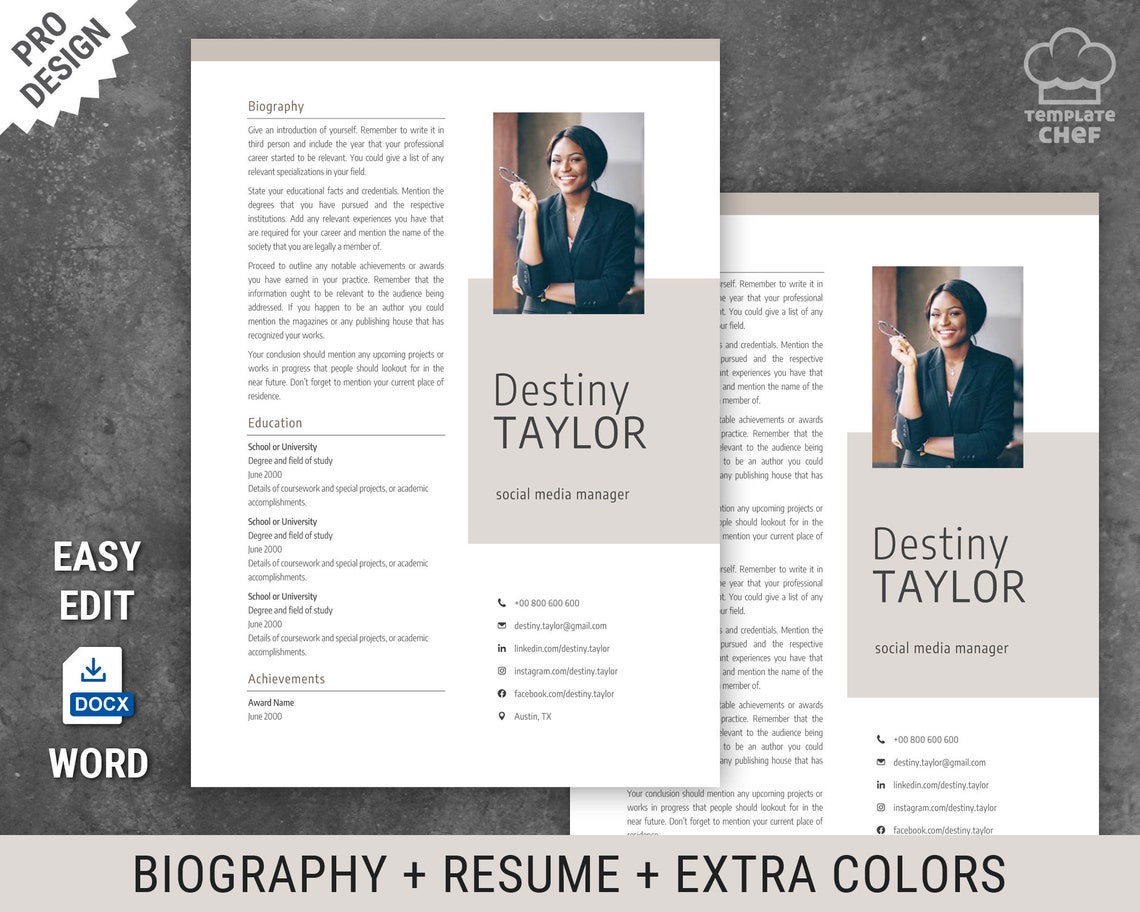 Clean Modern and Professional Biography Resume Template - Etsy