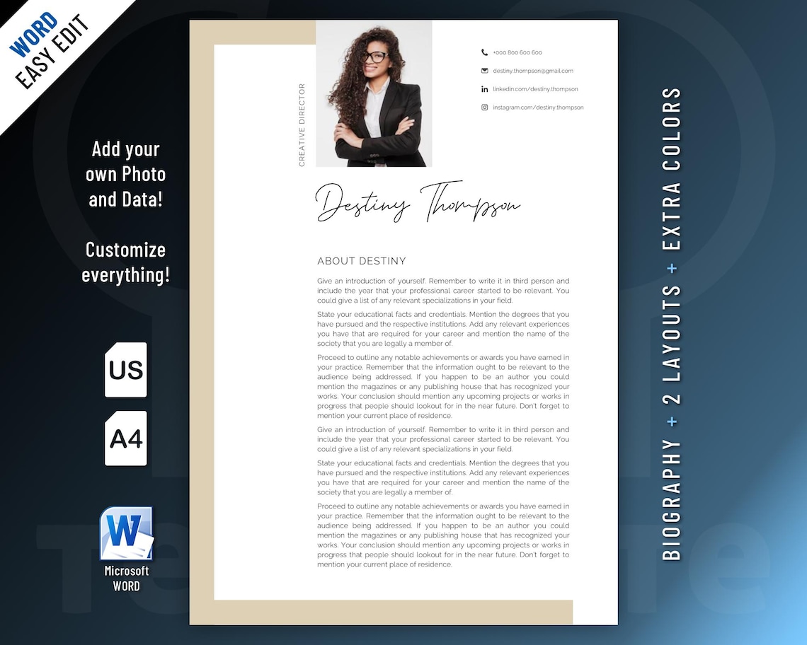 Modern, Executive and Professional Biography Resume Template Design for ...