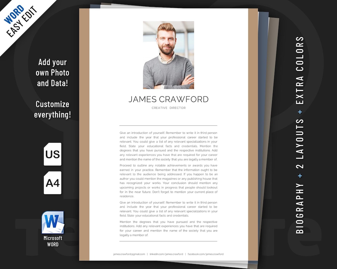 Elegant Biography Template Design for Word. Included Are 2 Professional ...