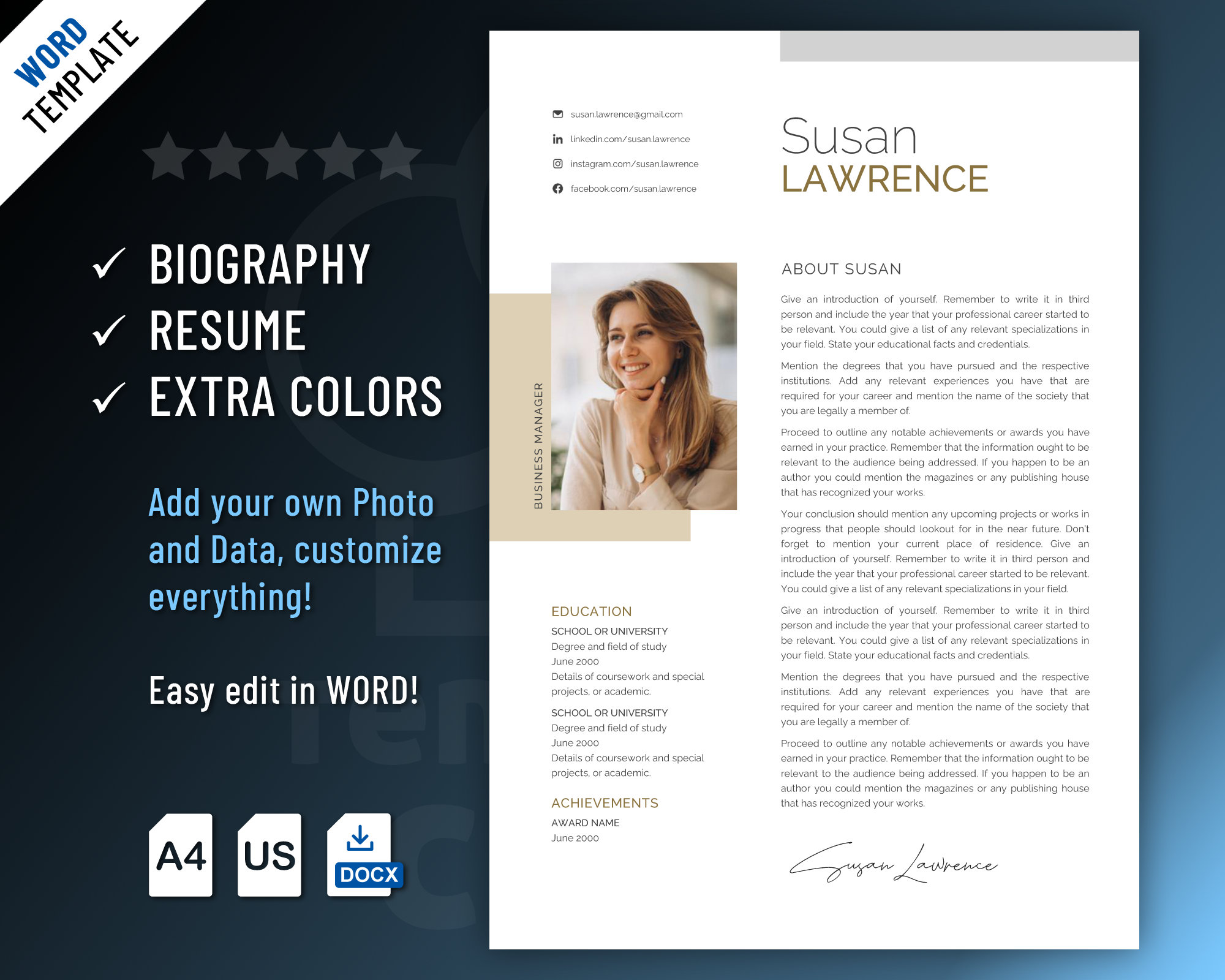Clean, Modern and Professional Biography Resume Template Design for ...