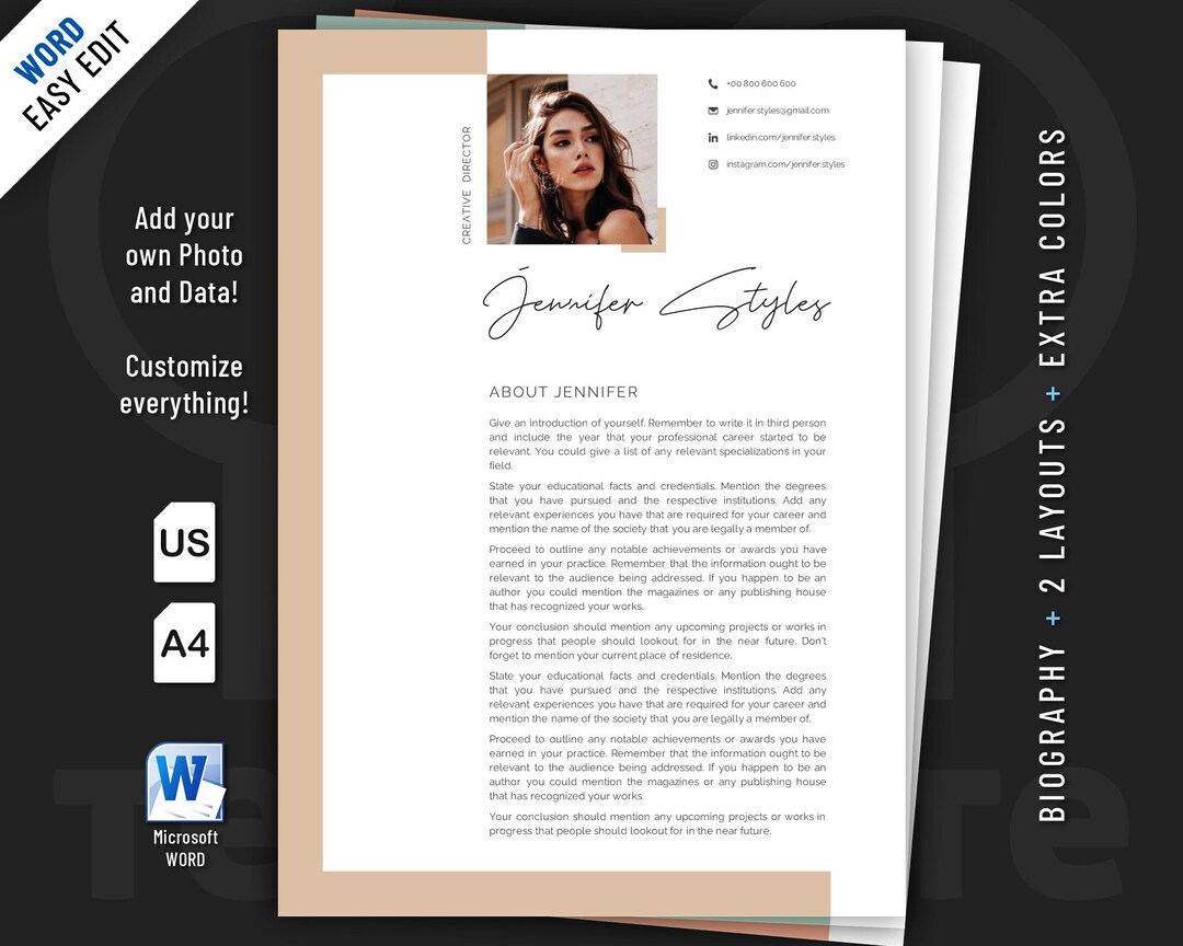 Original Biography Template Design for Word. Included Are 2 ...