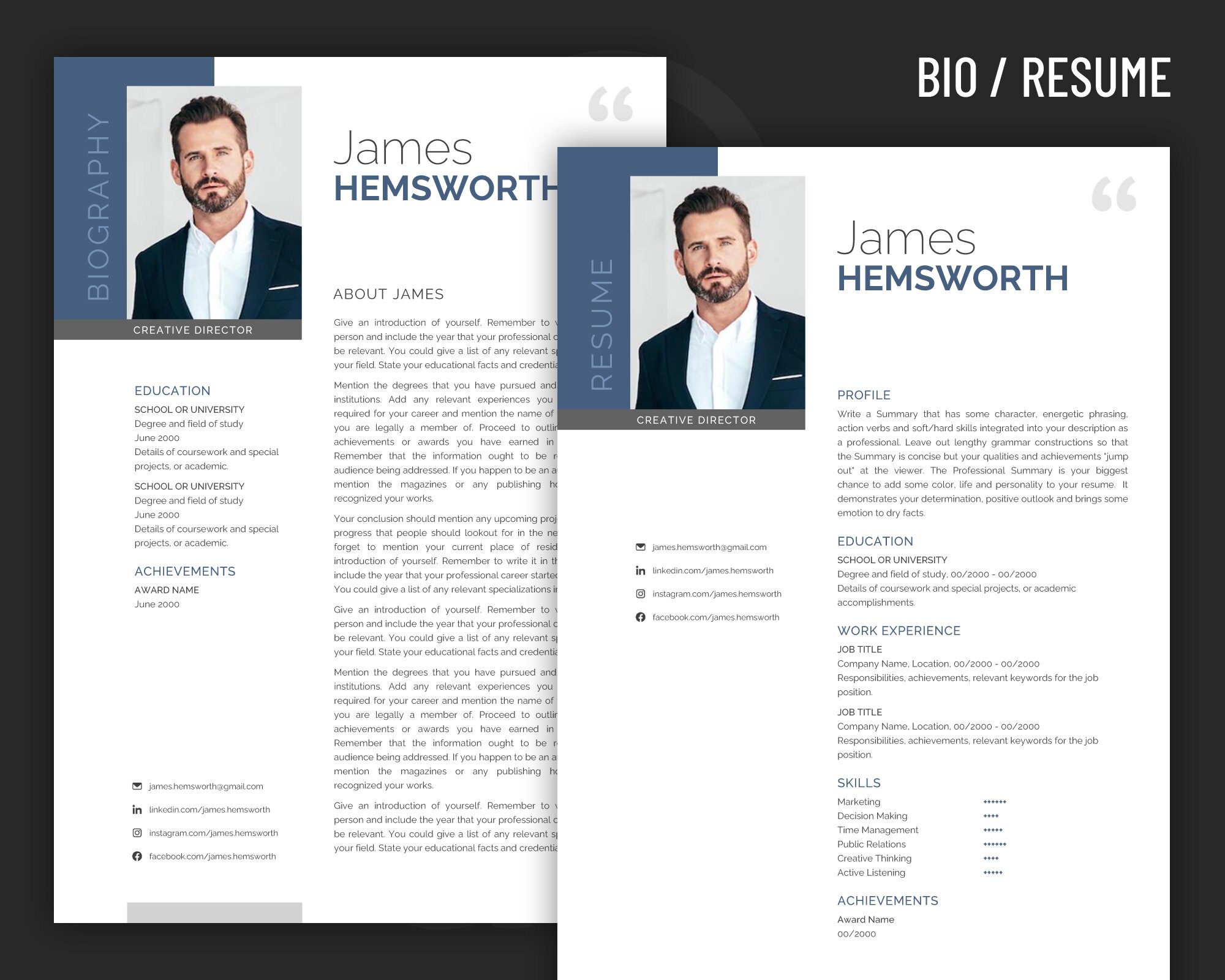 Modern, Executive and Professional Biography Resume Template Design for ...