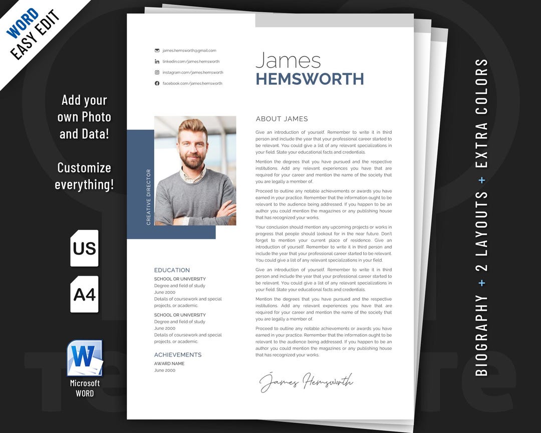 Creative Biography Template Design for Word. Included Are 2 ...