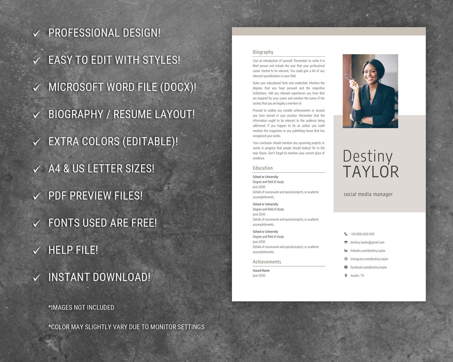 Clean Modern and Professional Biography Resume Template - Etsy