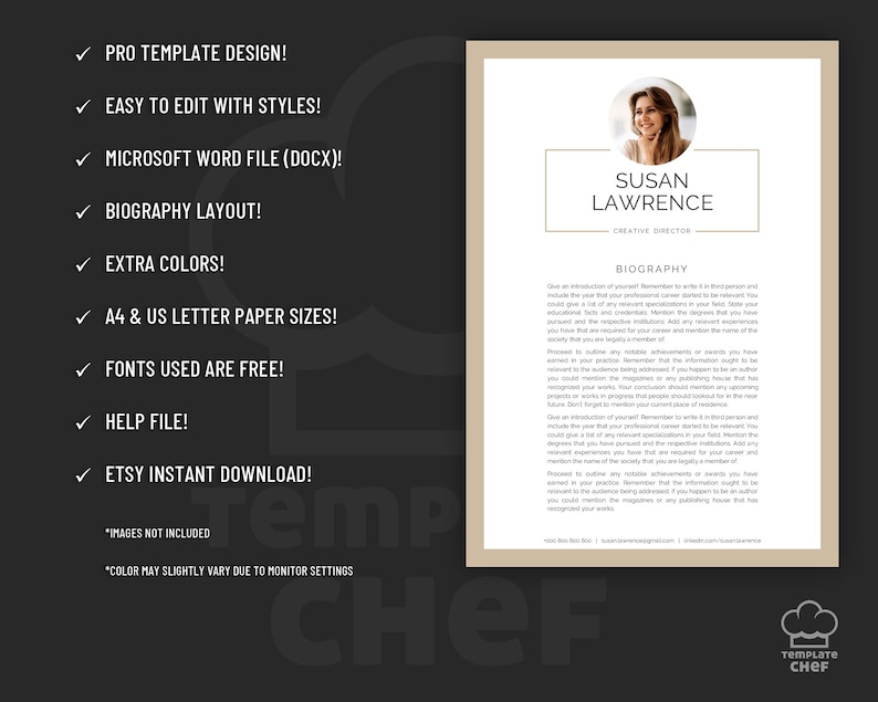 Professional Biography Template Design for Word. Included Are 2 Clean ...