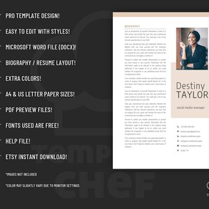 Clean Modern and Professional Biography Resume Template - Etsy