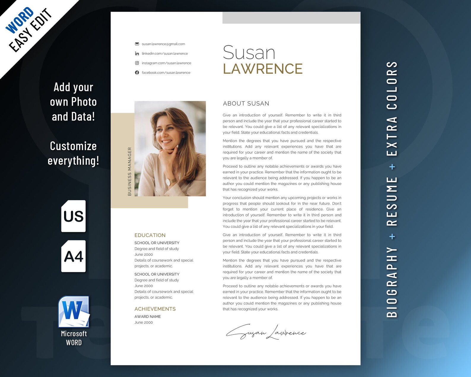 Clean, Modern and Professional Biography Resume Template Design for ...