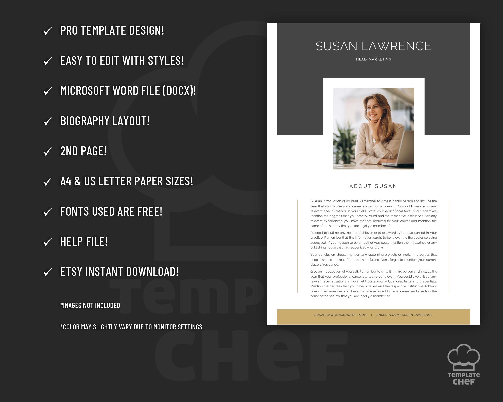 Biography Template With Modern Design for Word. Included Are 2 ...