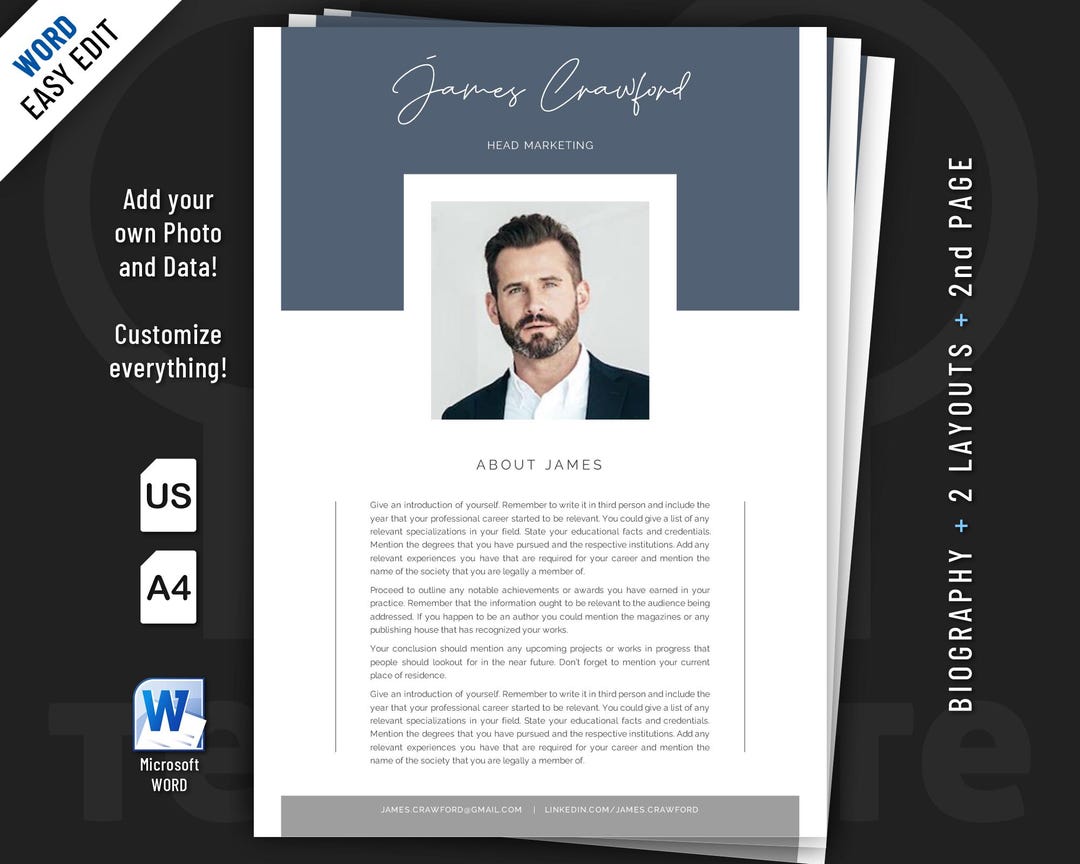 Professional Bio Template With Classic Design for Word. Included Are 2 ...