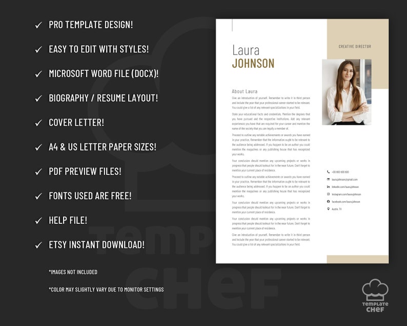 Clean Modern and Professional Biography Resume Template - Etsy