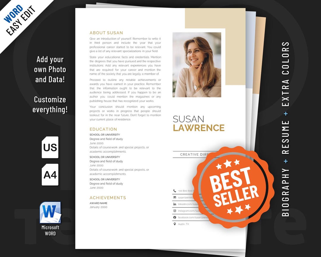 About Me Biography Template Design for Word. Included Are Biography and ...