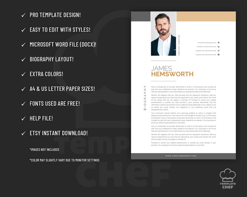 Modern Biography Template Design for Word. Included Are 2 Professional ...