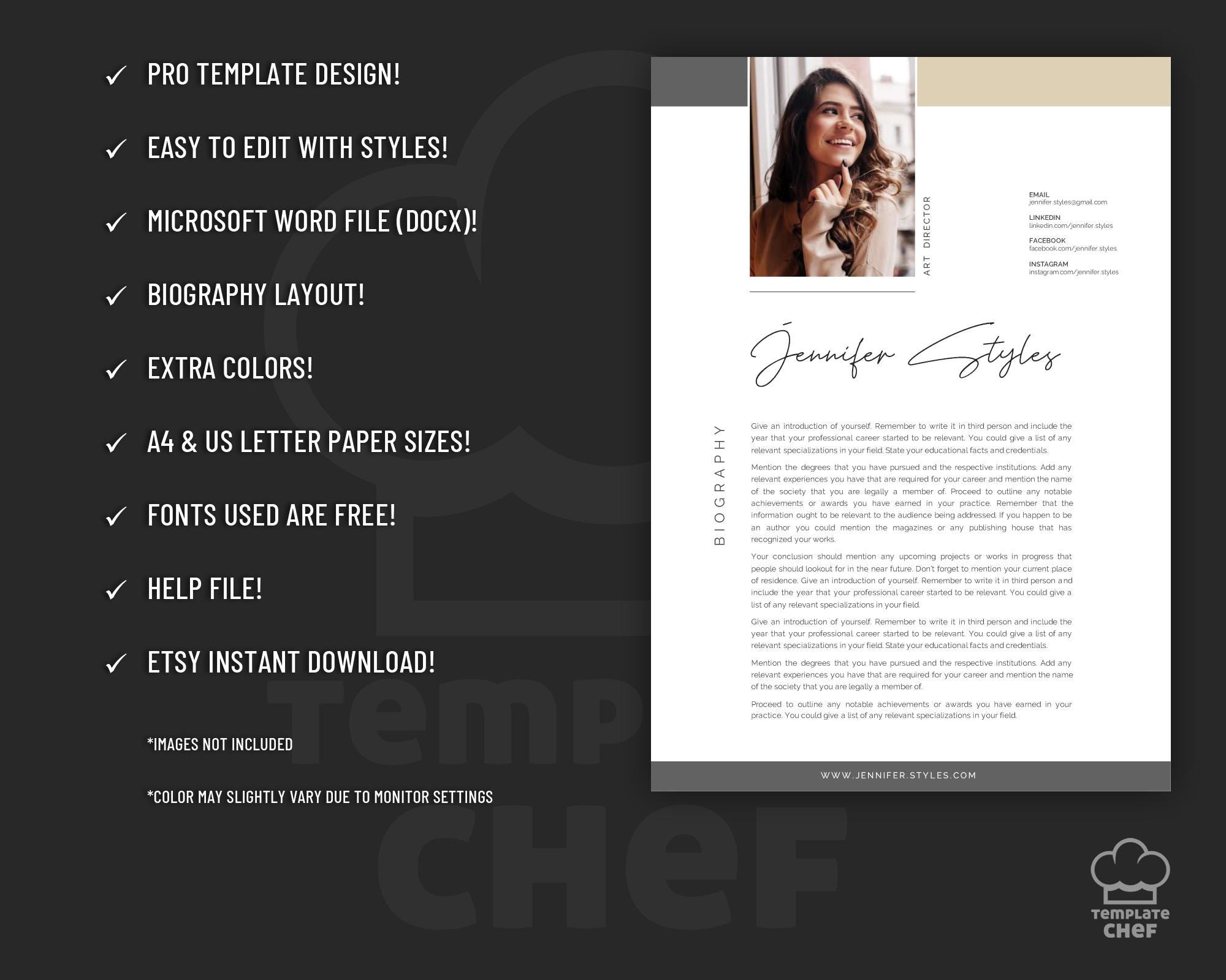 Biography Template Design for Word. Included Are 2 Professional Layouts ...