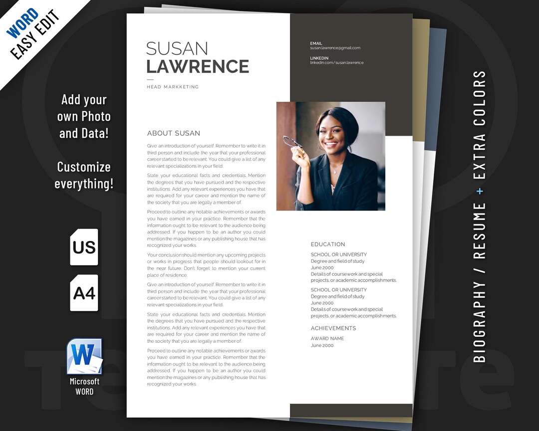 Modelo de biografia pessoal moderna para Word. Inclui 3 designs ...