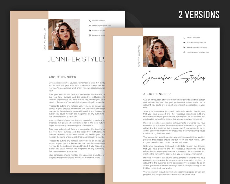 Original Biography Template Design for Word. Included Are 2 ...