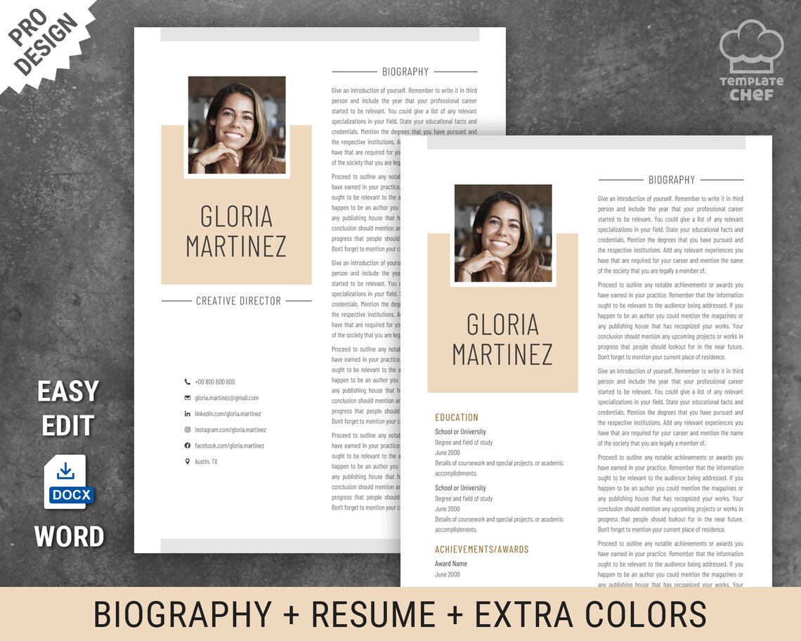 Clean Modern and Professional Biography Resume Template - Etsy