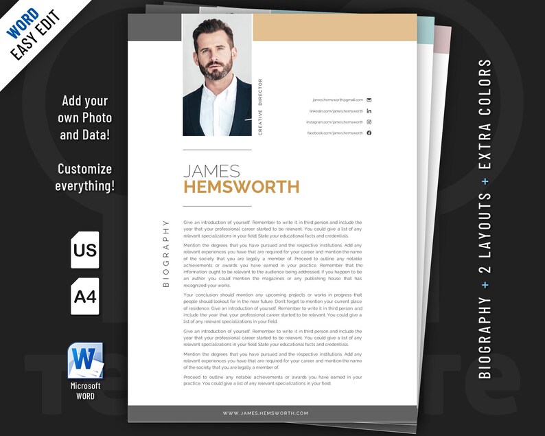 Modern Biography Template Design for Word. Included Are 2 Professional ...