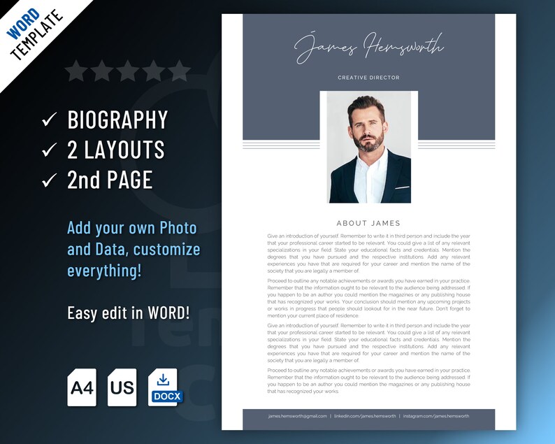 Modern Executive and Professional Biography Resume Template - Etsy