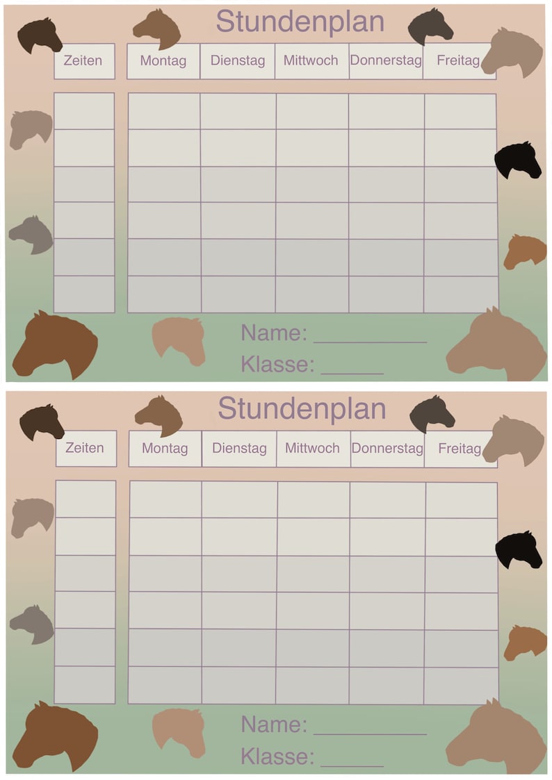 Timetable With Horses, Enrollment, Digital File, Print Out Yourself ...