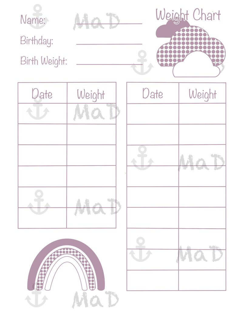 Weight Chart Baby, Weight Control Sheet, US Letter Size, Digital File ...
