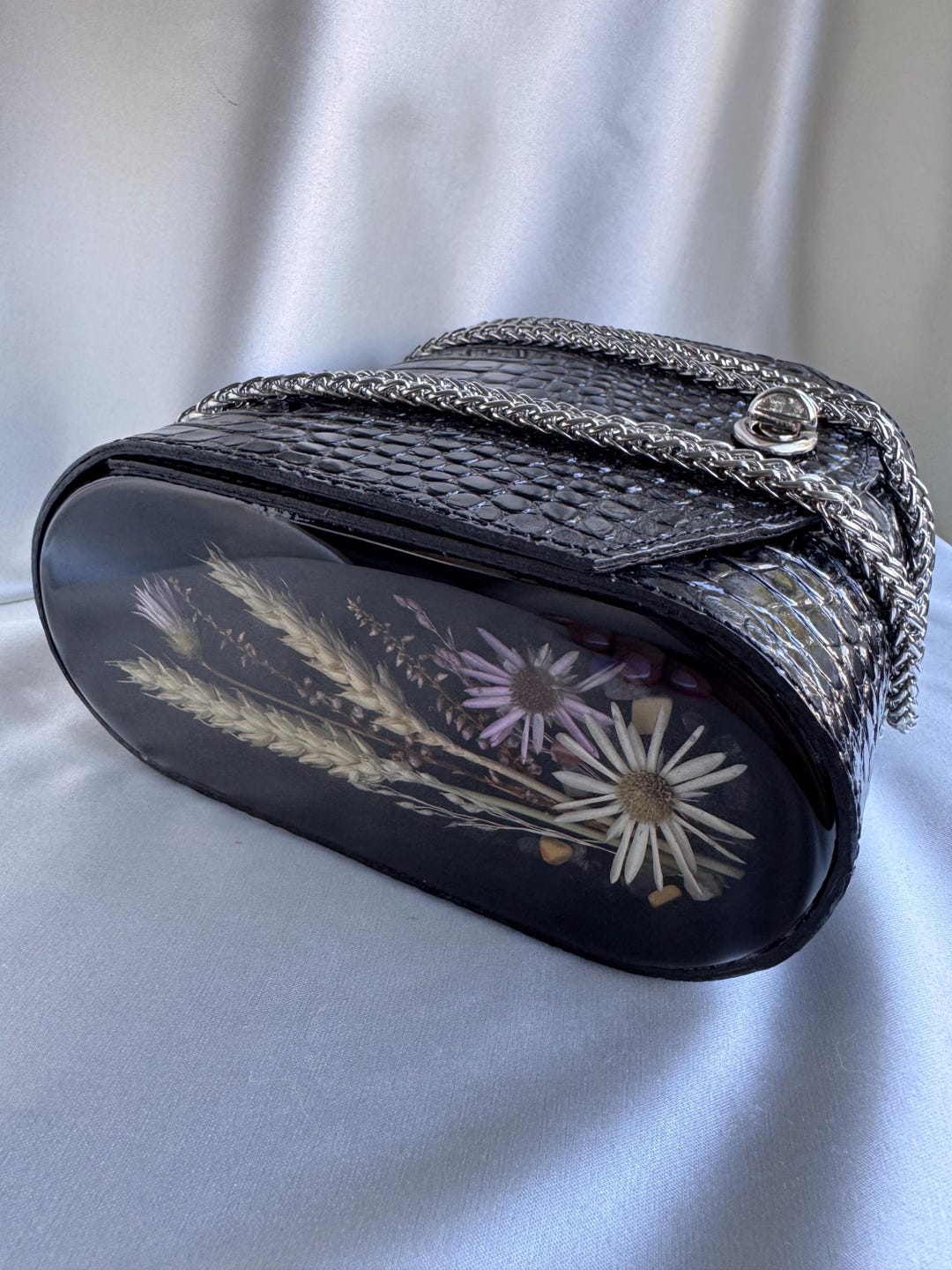 Elegant Leather Crossbody Purse, Epoxy Resin Evening Bag With Flower ...