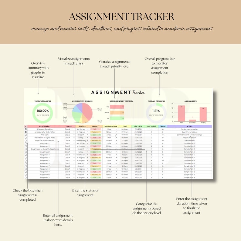 Student Planner & Assignment Tracker Google Sheets Excel College ...