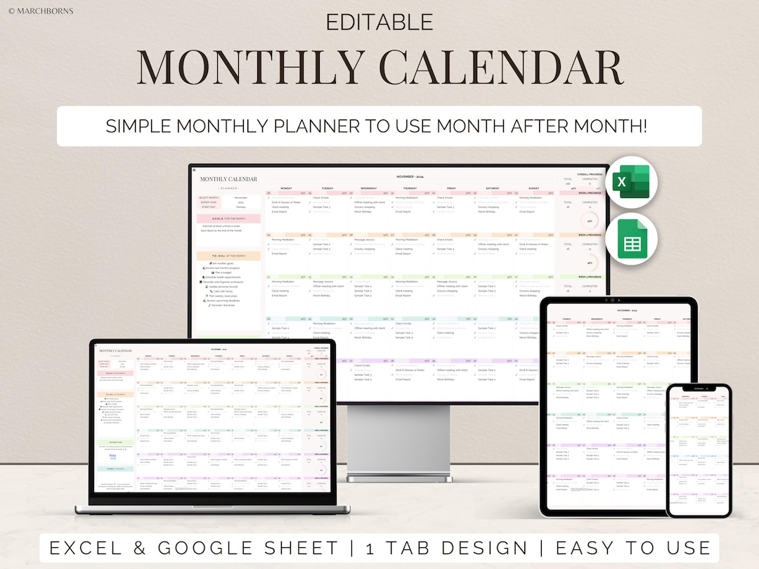 Excel Digital Calendar Google Sheets Template Monthly Task Planner ...