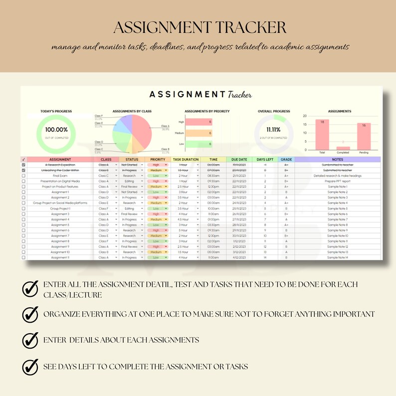 Student Planner & Assignment Tracker Google Sheets Excel College ...