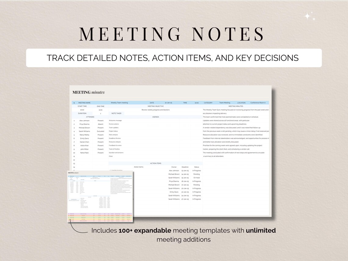 Meeting Minutes Planner Note Tracker Excel Spreadsheet Notes Template ...