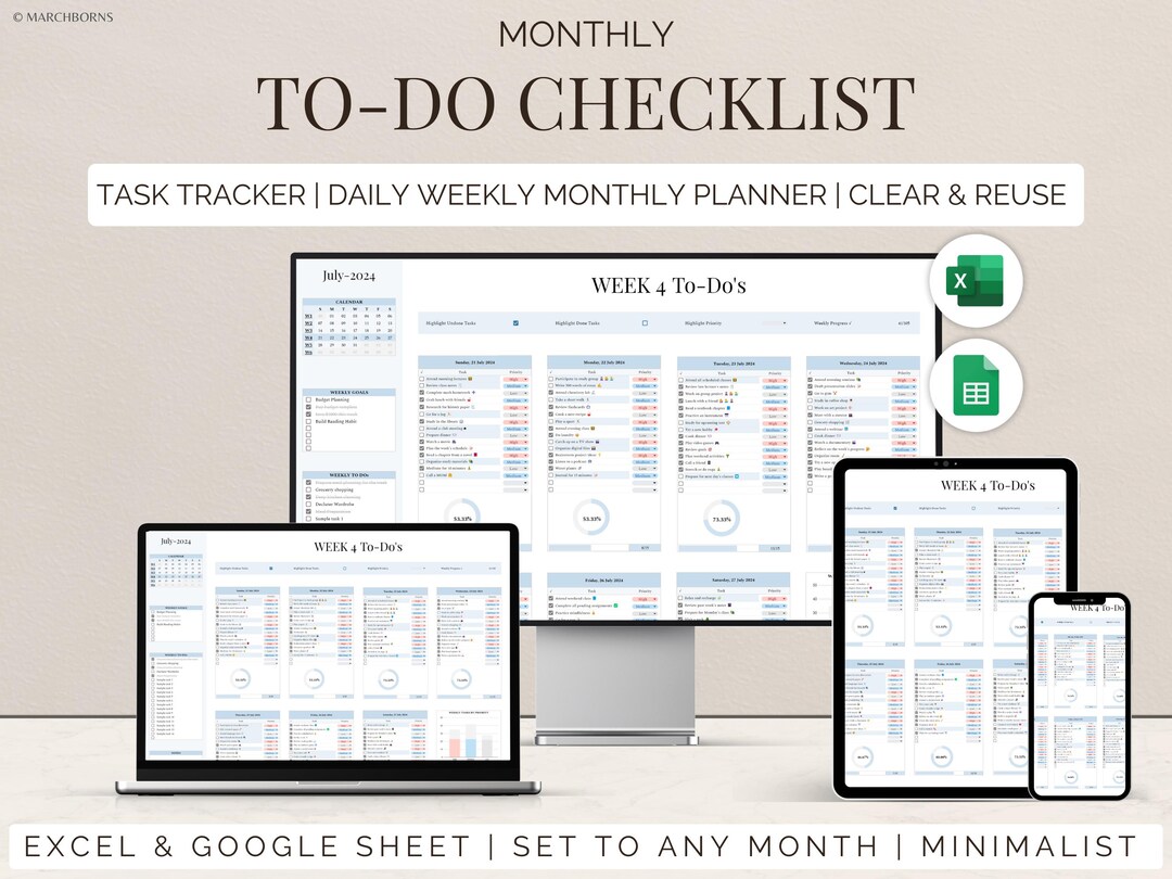 Excel to Do List Checklist Google Sheet Digital Checklist Template ...