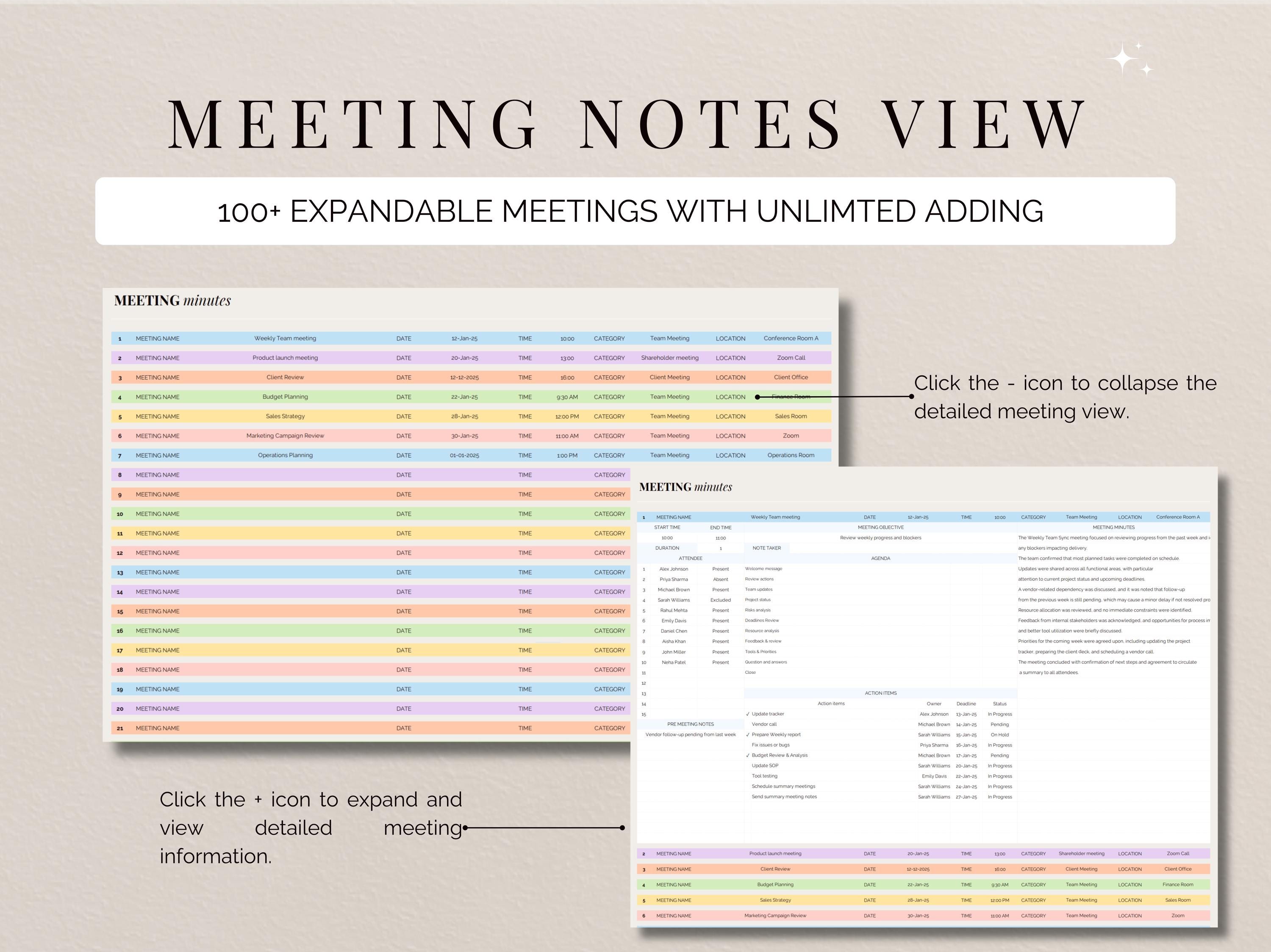 Meeting Minutes Planner Note Tracker Excel Spreadsheet Notes Template ...