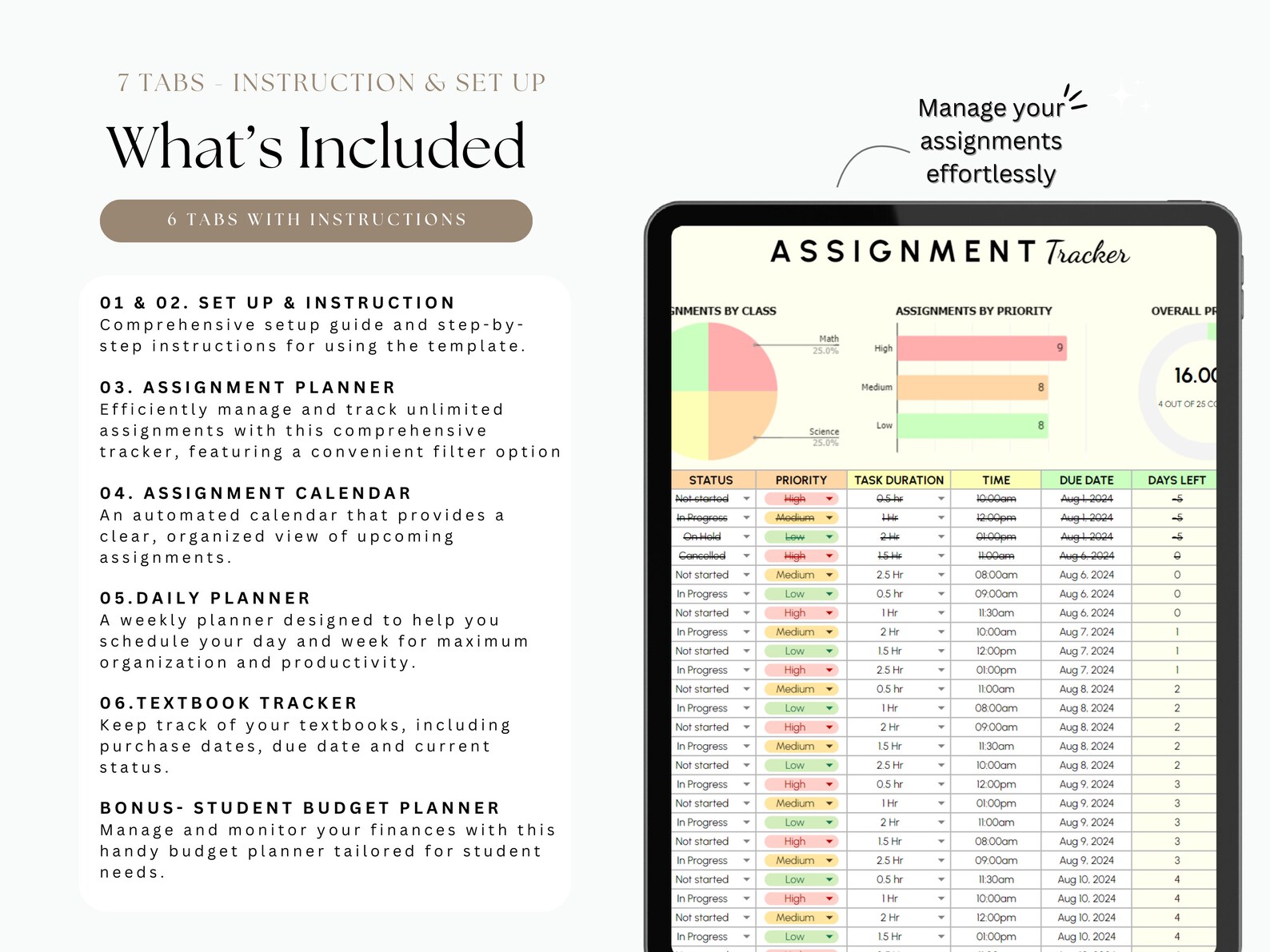 Student Planner & Assignment Tracker Google Sheets Excel College ...