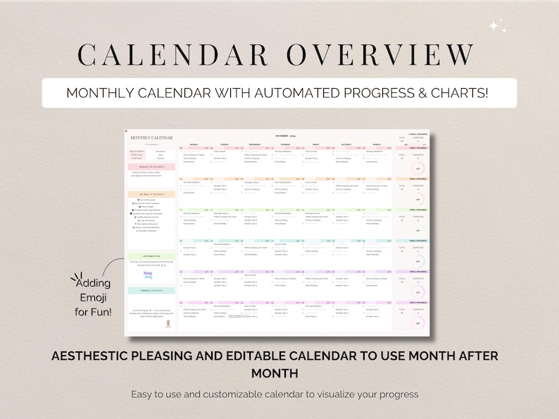 Excel Digital Calendar Google Sheets Template Monthly Task Planner ...