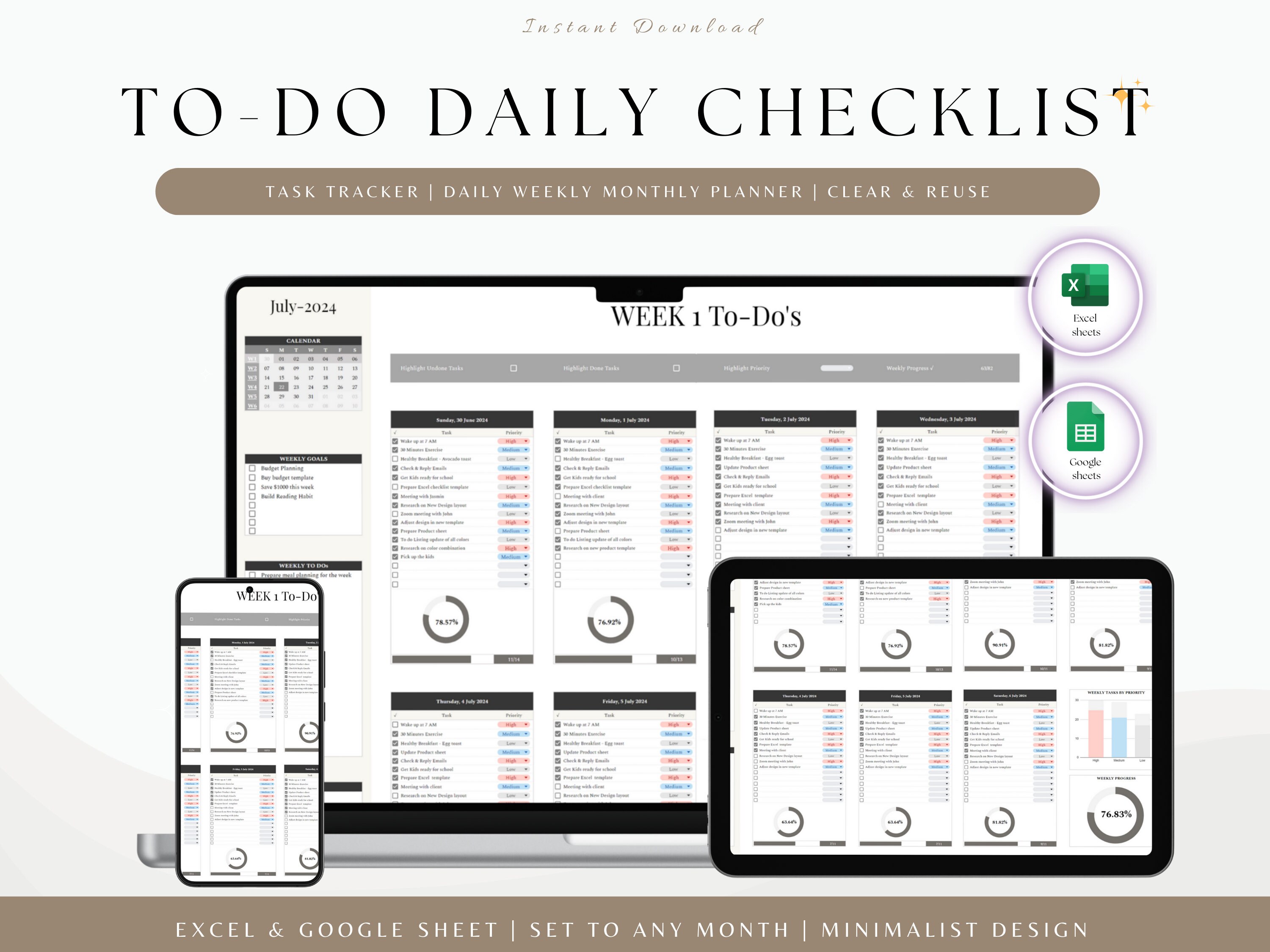 Excel To-do List Tracker Daily Checklist Google Sheet Planner Template ...