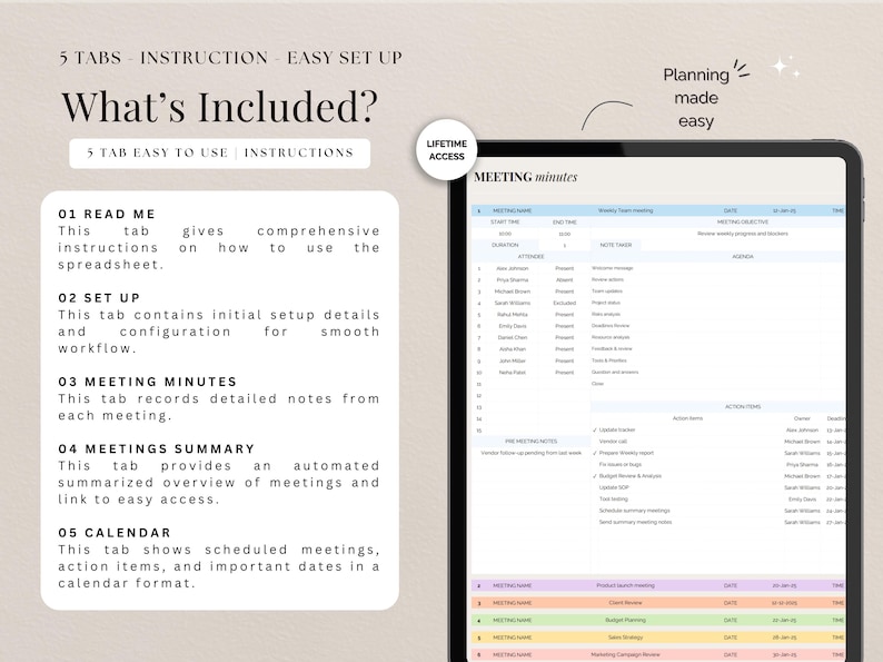 Meeting Minutes Planner Note Tracker Excel Spreadsheet Notes Template ...