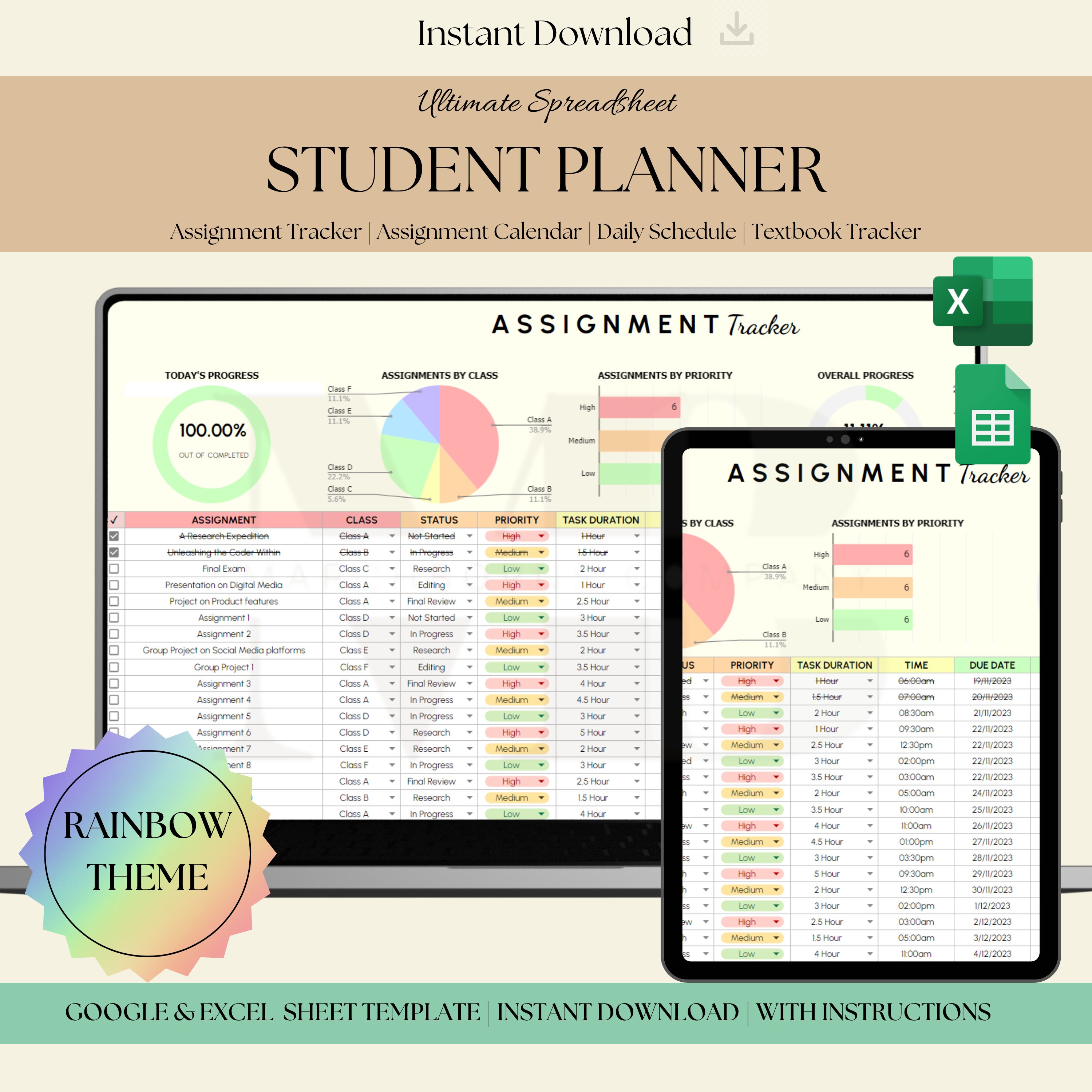 Student Planner & Assignment Tracker Google Sheets Excel College Spreadsheet Class Timetable ...