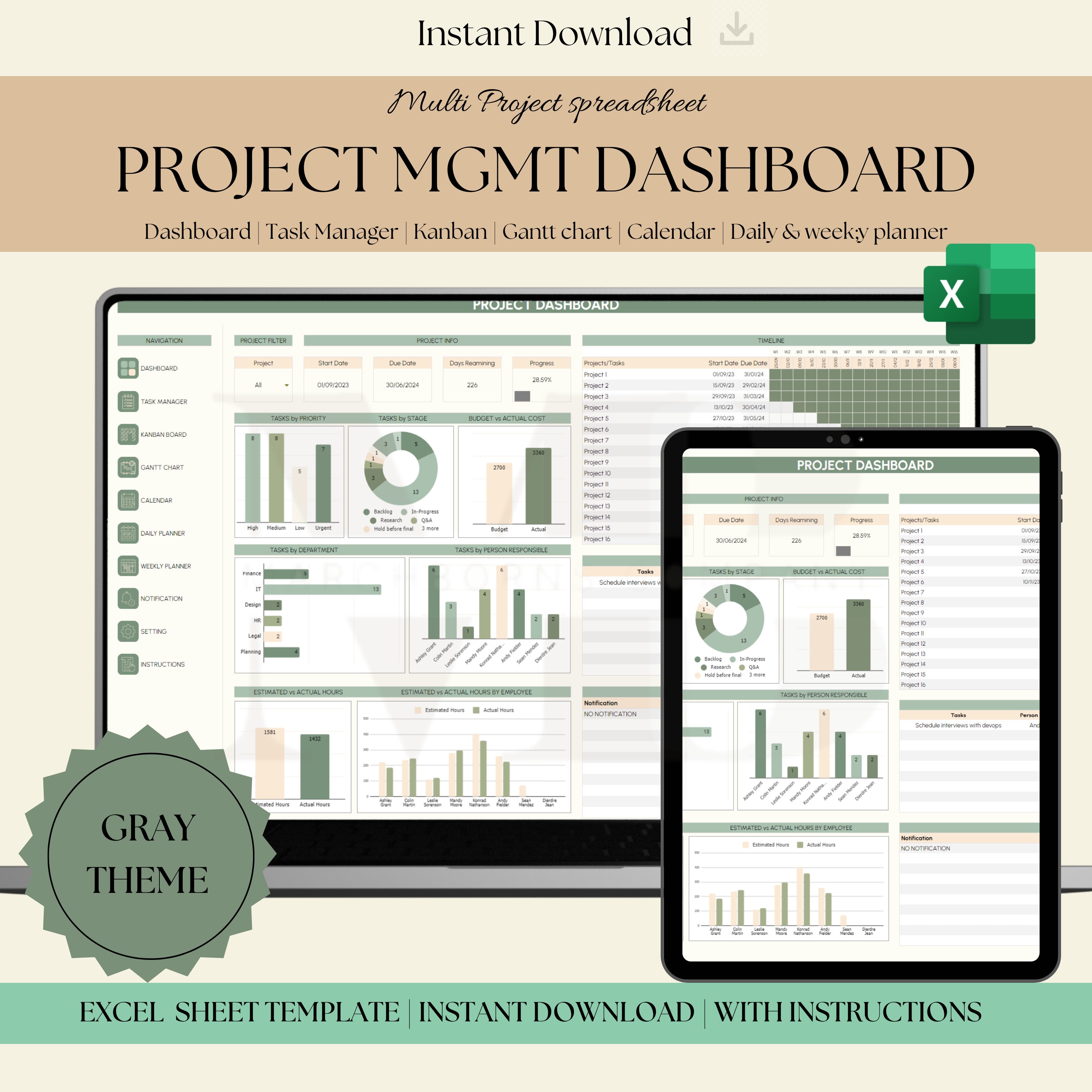 Multi Project Planner Management Dashboard Excel Spreadsheet Template ...