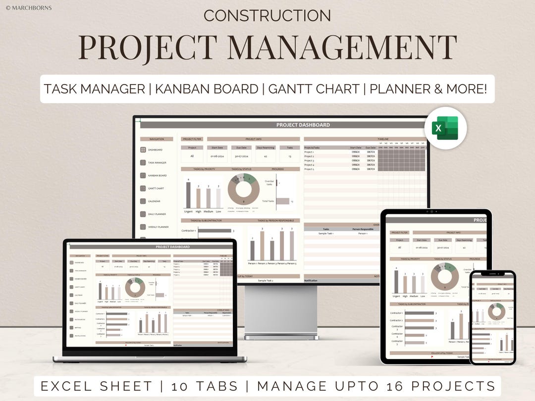 Construction Project Management Excel Task Tracker, Planner & Dashboard ...