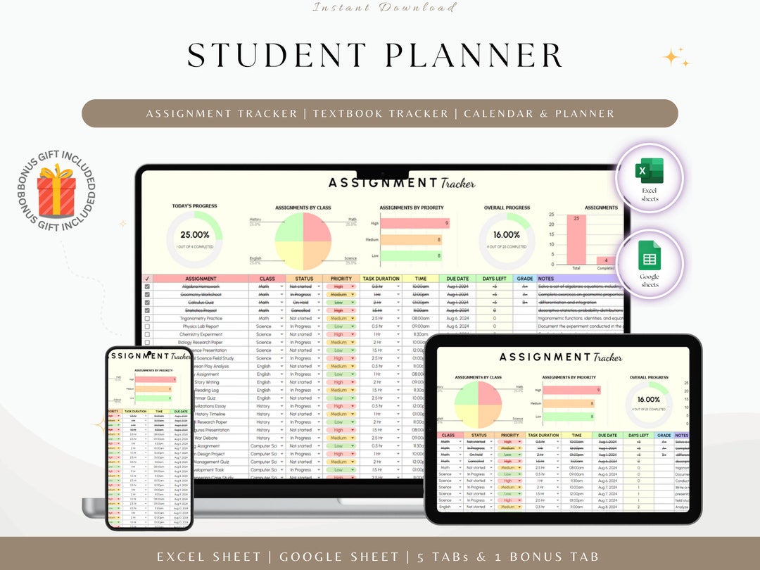 Student Planner & Assignment Tracker Google Sheets Excel College ...