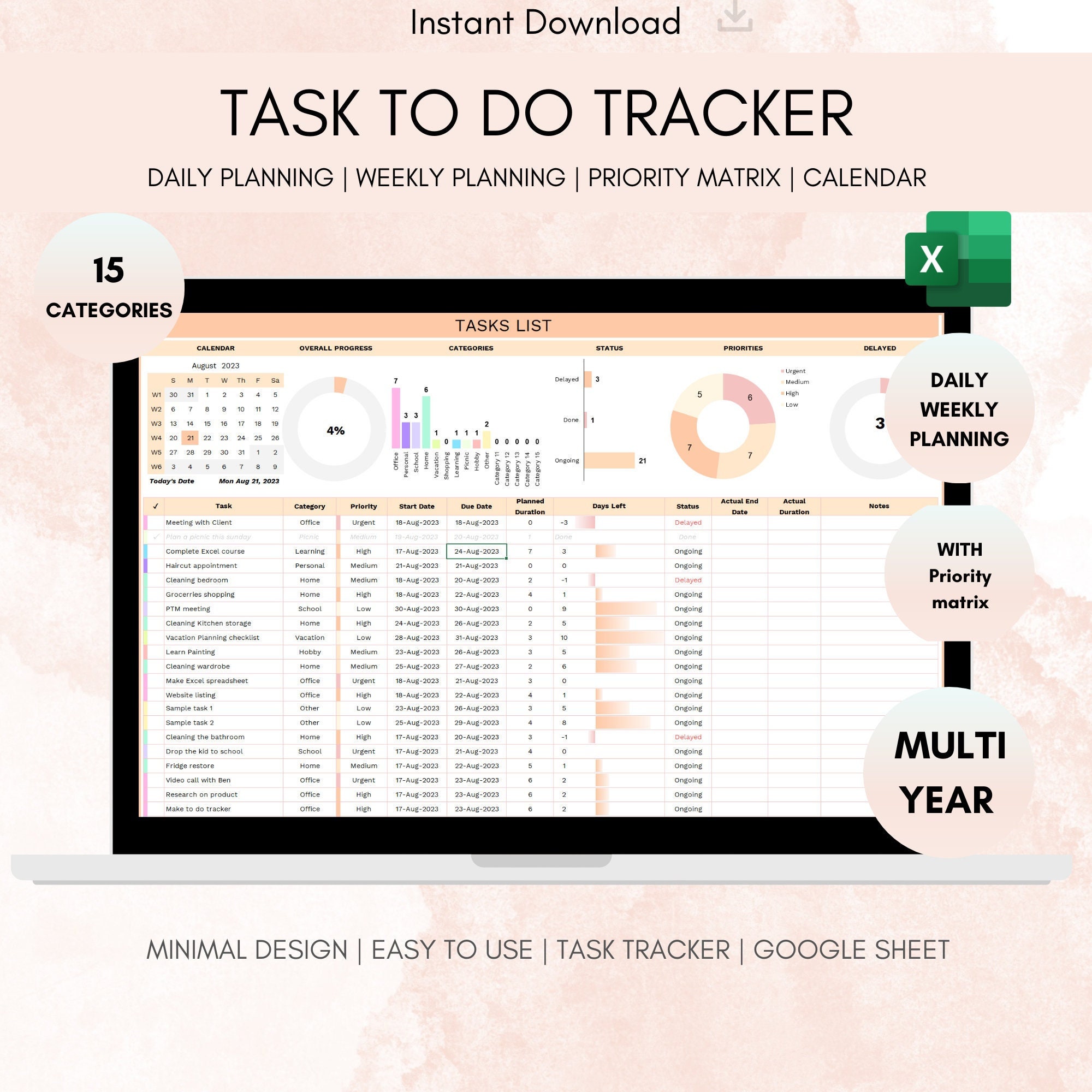 Tasks to Do Tracker Excel Template, Manage and Plan Daily Weekly and ...