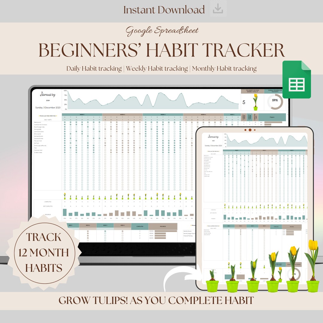 Habit Tracker Spreadsheet Google Sheet Template Daily Weekly Monthly ...
