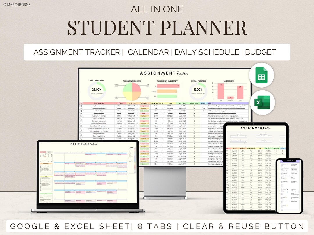Student Planner & Assignment Tracker Google Sheets Excel College ...